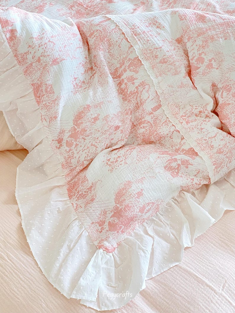 Ruffle Coquette Floral Duvet Cover 4pcs Set, Pink Lace Ruffle Floral ...
