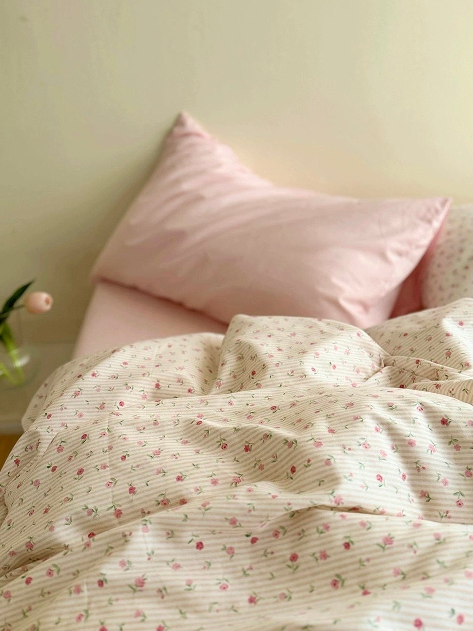 Floral Coquette Duvet Cover and 2 Pillowcases Set, Pink Rose Cotton ...