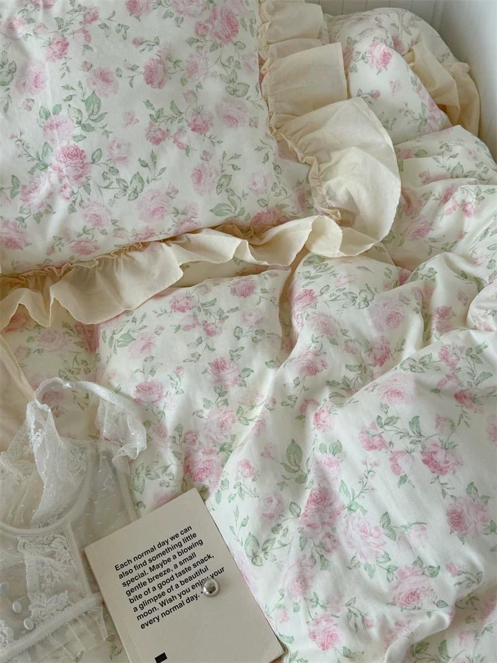 Coquette Sweet Ruffle Floral Duvet Cover Set , Soft Double Gauze Cotton ...