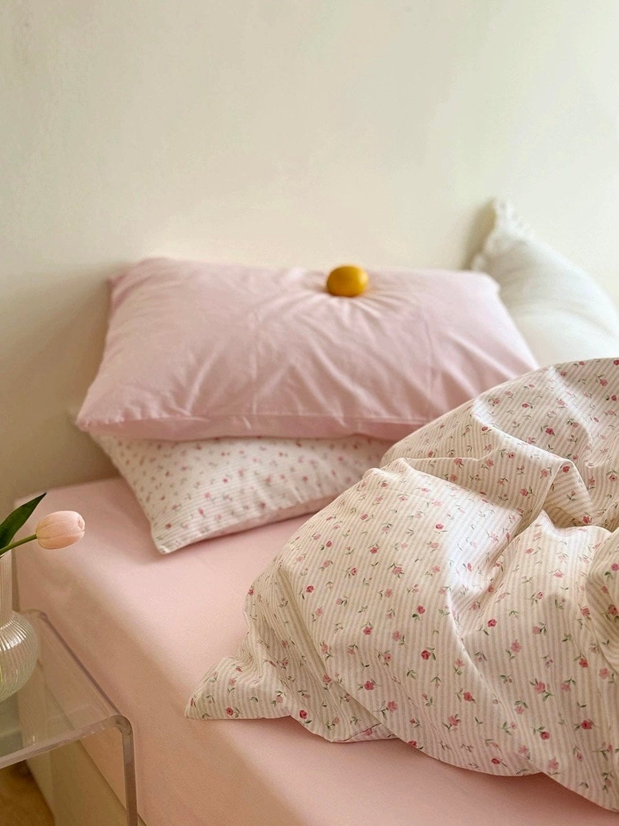 Floral Coquette Duvet Cover and 2 Pillowcases Set, Pink Rose Cotton ...