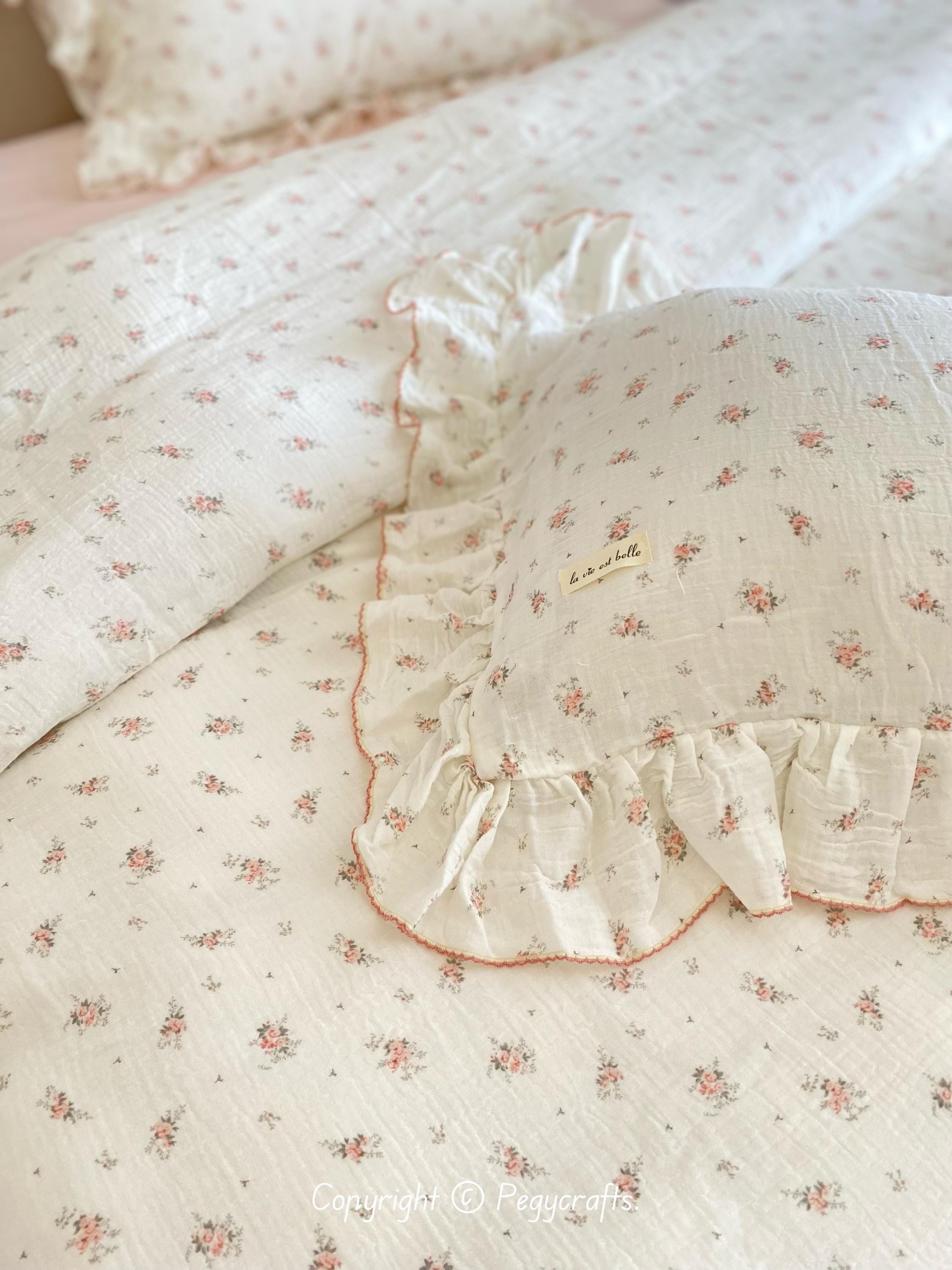Ruffle Coquette Floral Duvet Cover Set, Pink Gauze Cotton Cottagecore ...