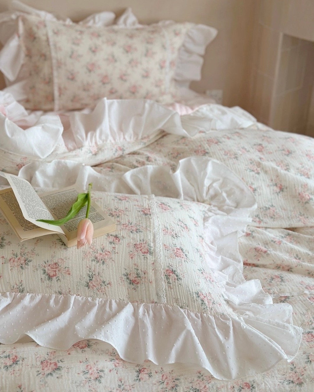 Ruffle Coquette Floral Duvet Cover 4pcs Set, Double Gauze Soft Cotton ...