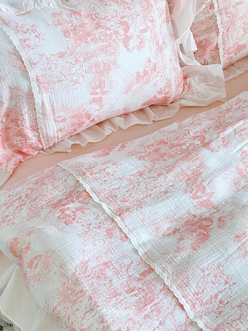 Ruffle Coquette Floral Duvet Cover 4pcs Set, Pink Lace Ruffle Floral ...