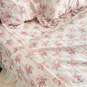 Floral Shabby Chic Frill Duvet Cover Set, Pink Cotton Coquette Princess ...