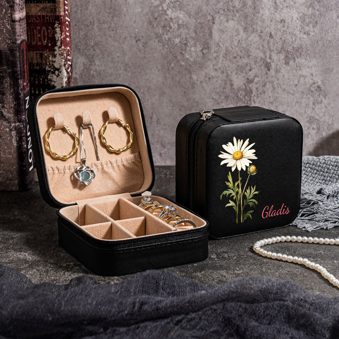Custom Birth Flower Jewellery Box, Leather Jewelry Travel Box, Floral ...