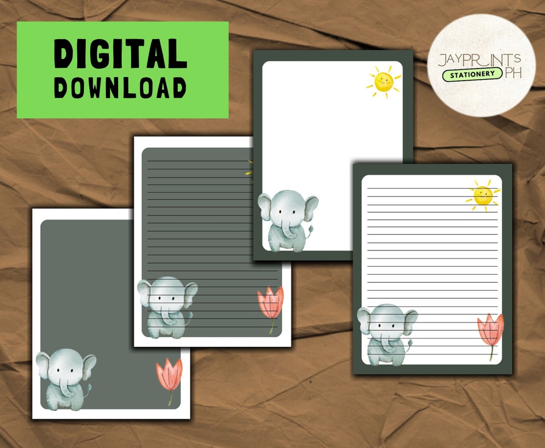 Elephant Stationery Set Printable PDF Pack, Instant Download US Letter ...
