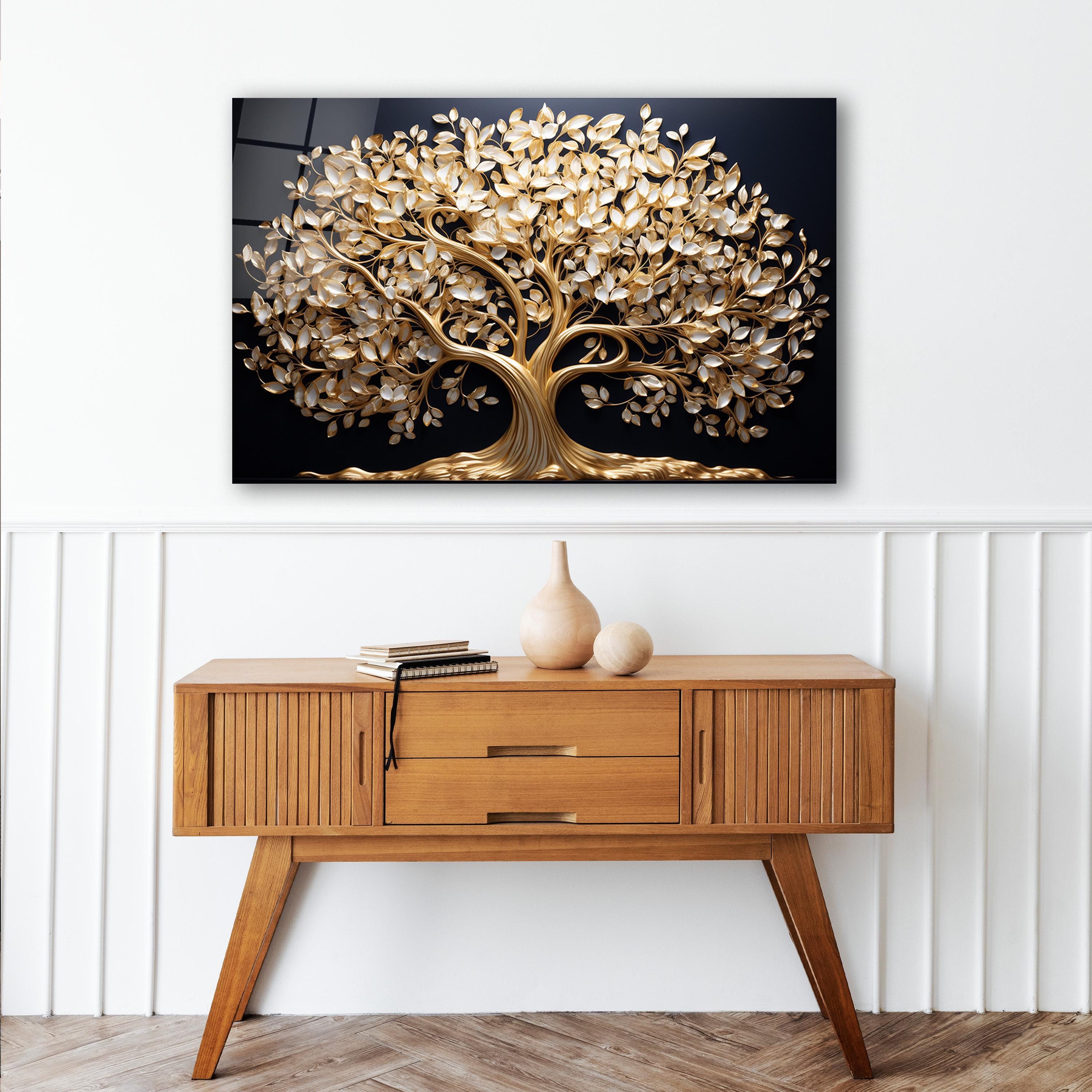 Gold Tree of Life Glass Wall Art, Elegant Golden Tree Tempered Glass ...