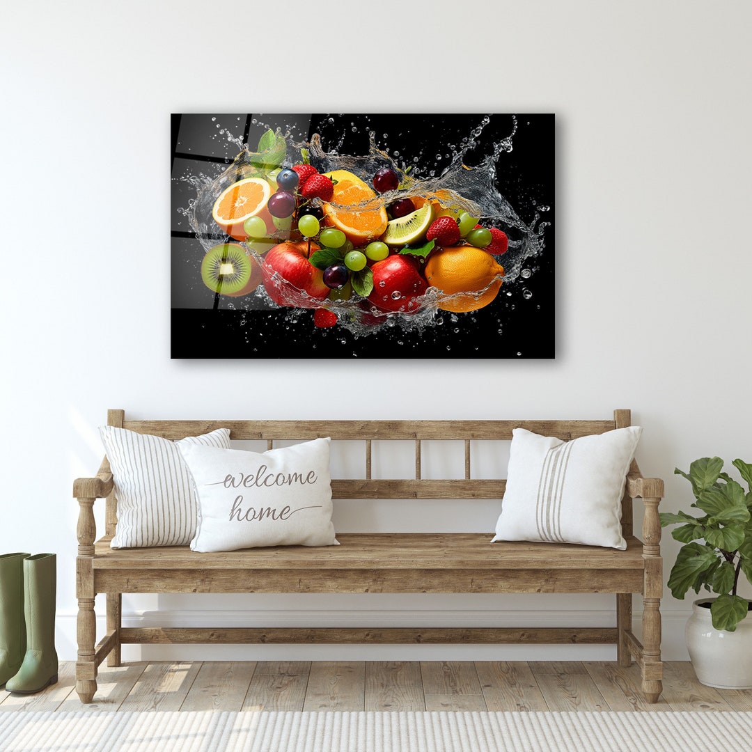 Fruits Splash Glass Wall Art, Kitchen Tempered Glass Backsplash Decor ...