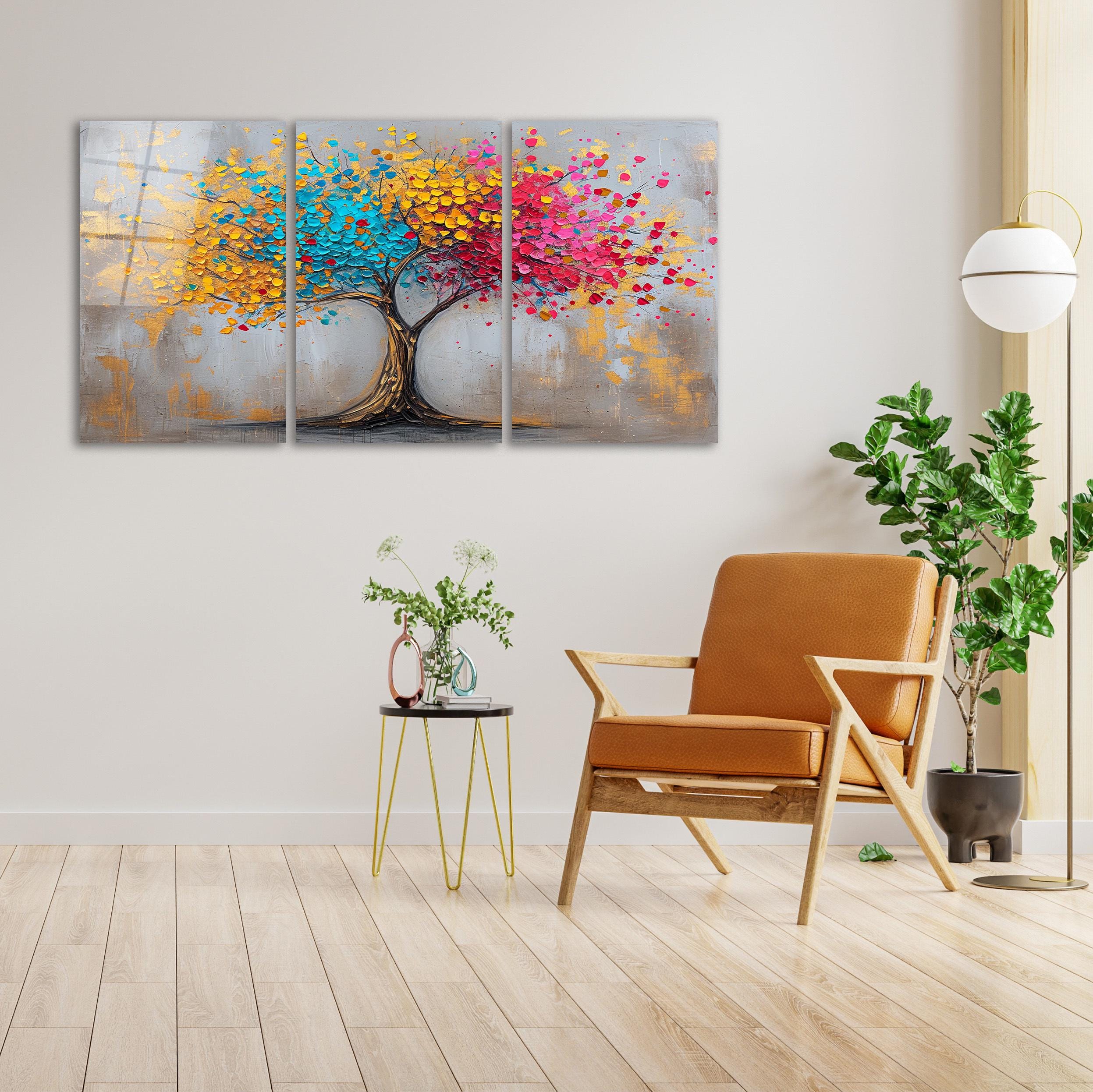 Triple Tree of Life Glass Wall Art, Colorful Tempered Glass Decor ...