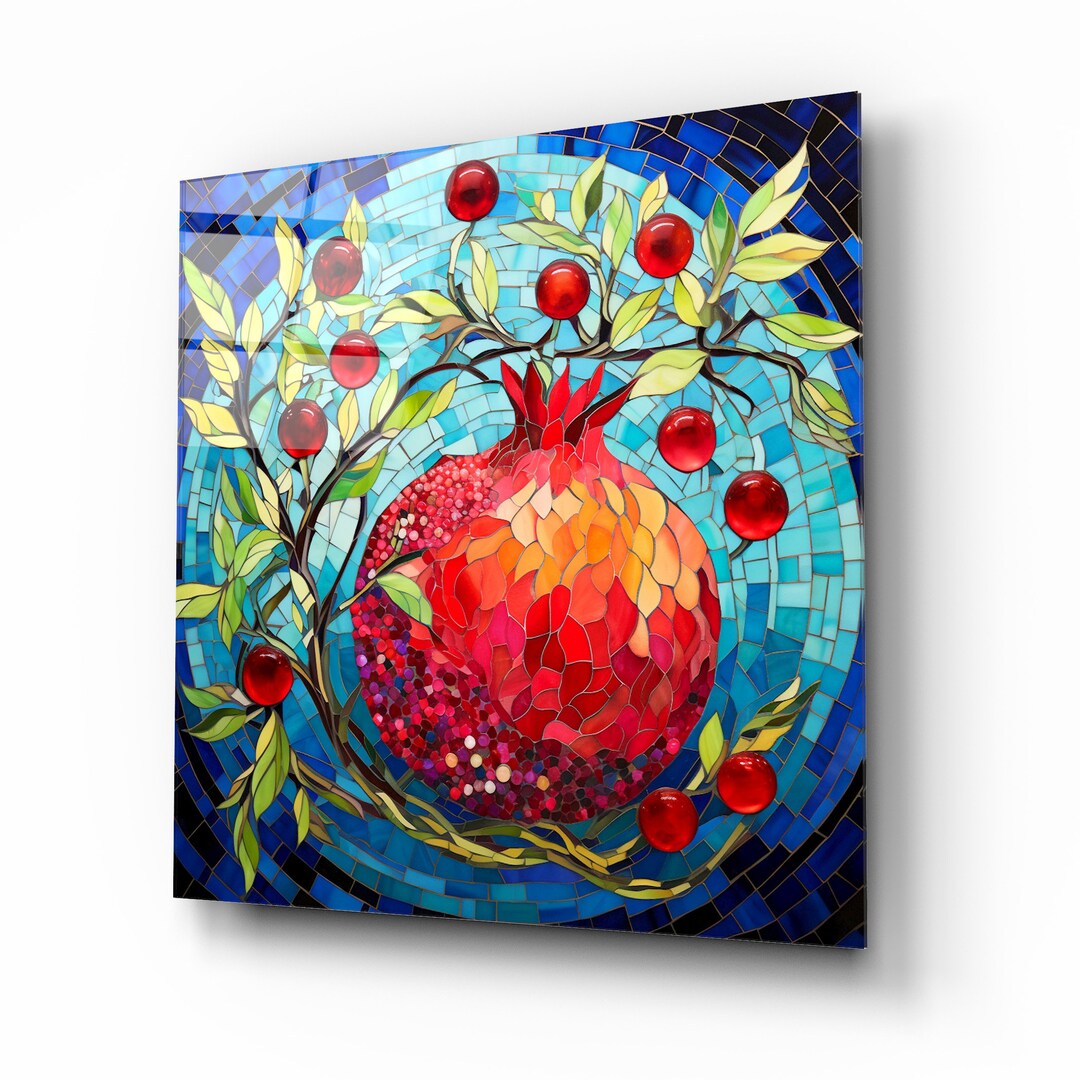 Pomegranate Abundance Symbol Glass Wall Art, Fruit Mosaic Tempered ...