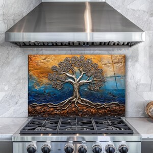 Metal Relief Inspired Glass Backsplash, Tempered Glass Tree of Life ...