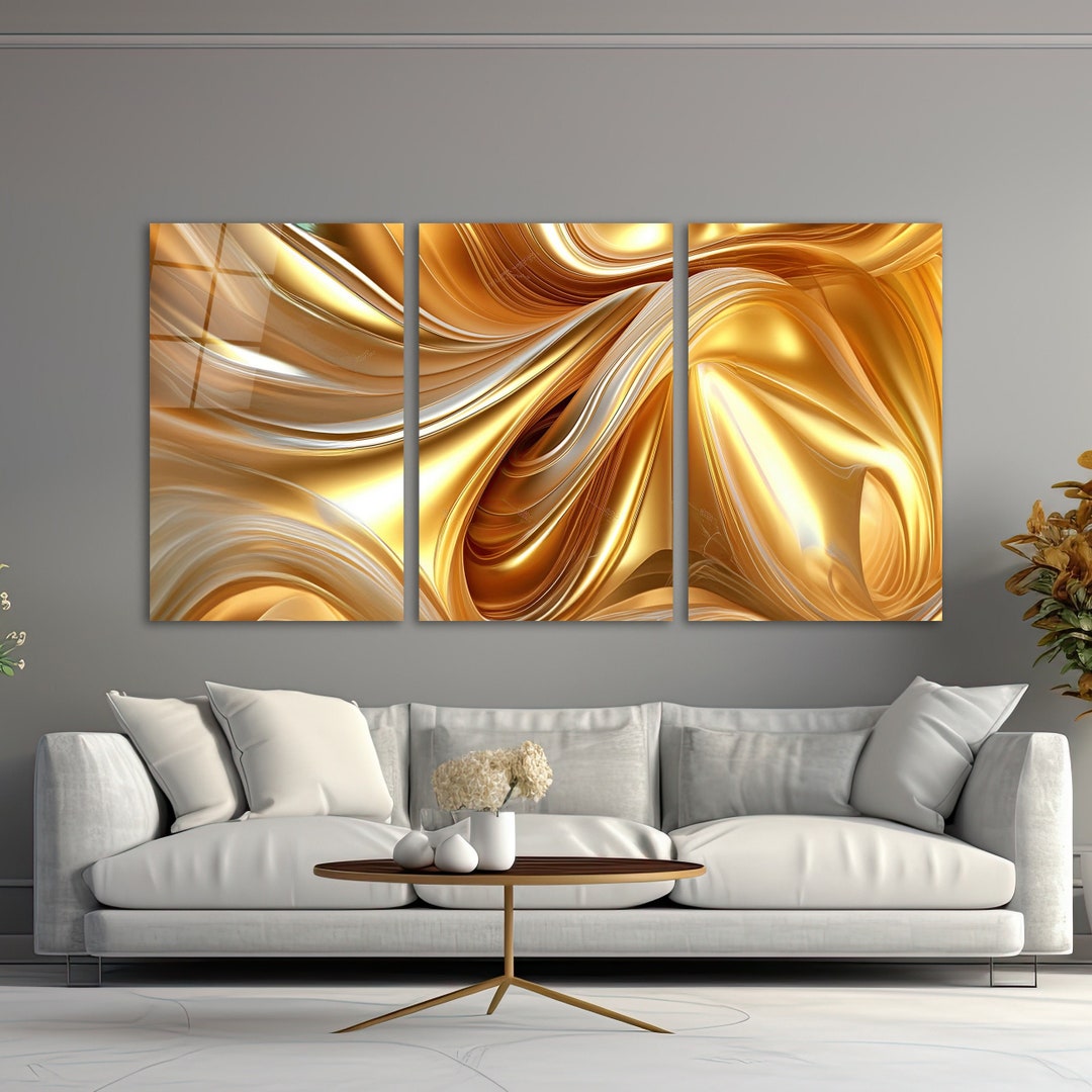 Triple Gold Wall Art, Modern Abstract Tempered Glass Wall Decor, Living ...