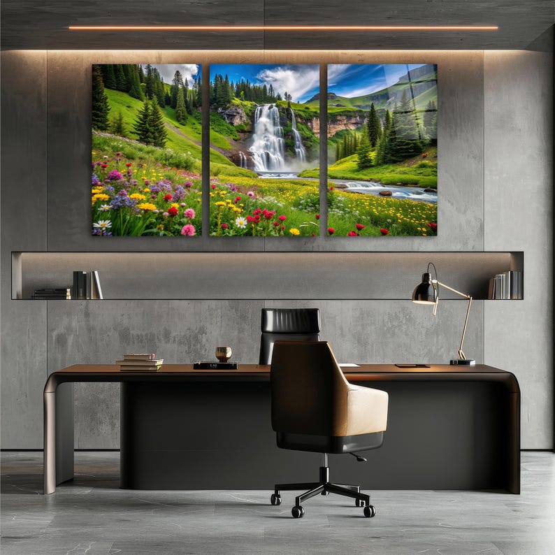 Triple Waterfall & River Landscape Glass Wall Art, 3-panel Nature Wall ...