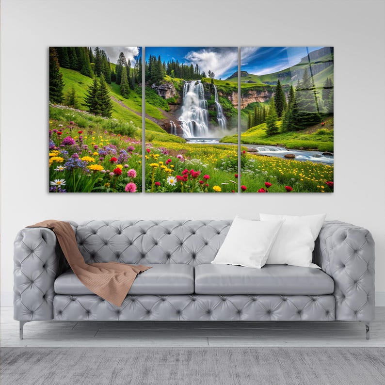 Triple Waterfall & River Landscape Glass Wall Art, 3-panel Nature Wall ...