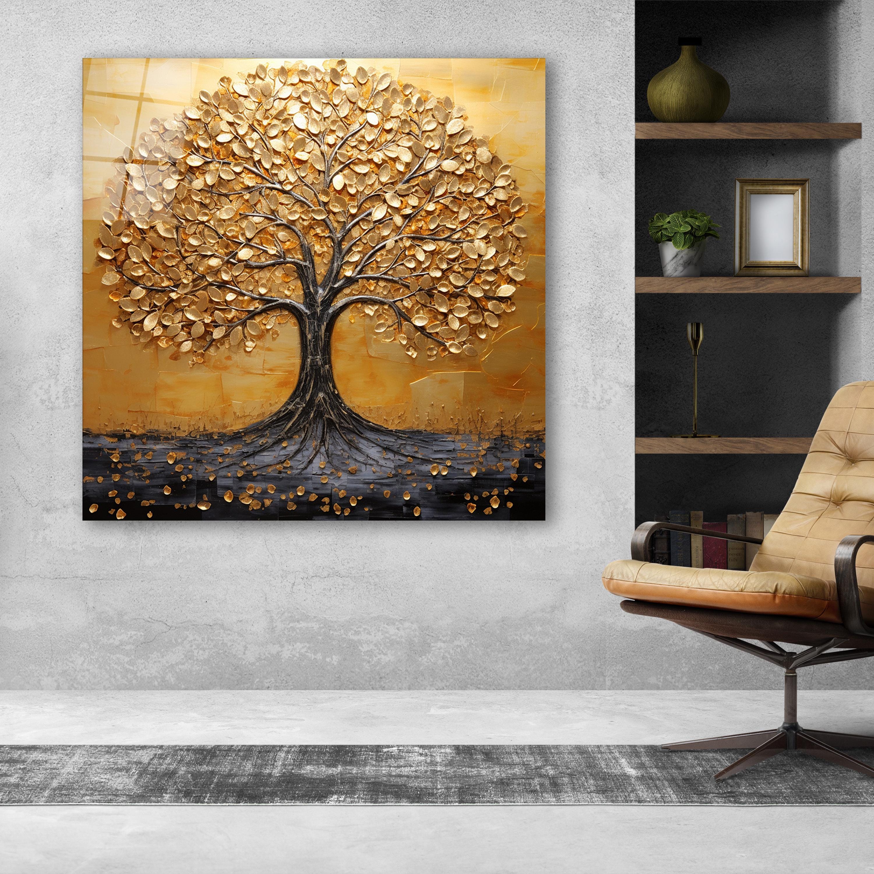 Gold Tree of Life Glass Wall Art, Golden Tempered Glass Decor, Money ...