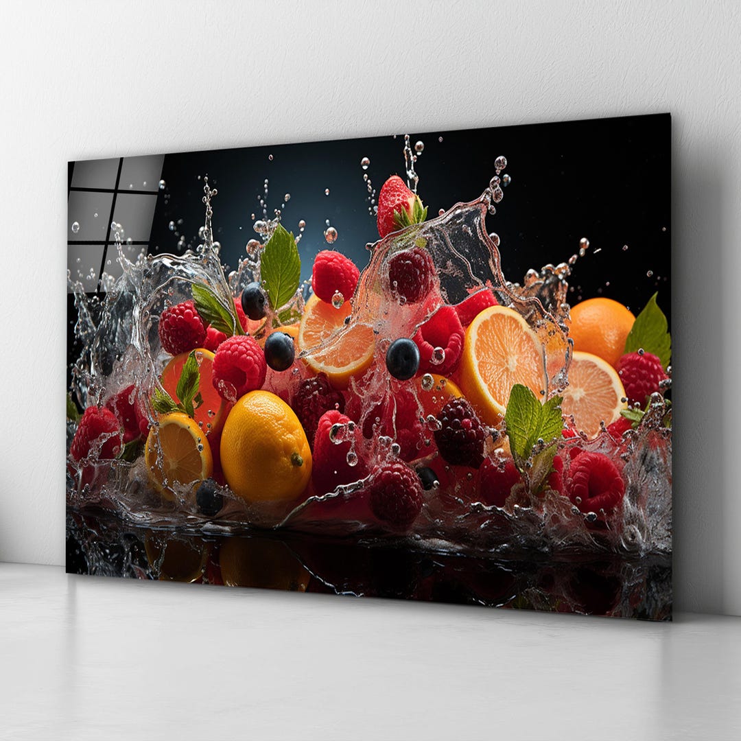 Fruits Splash Glass Wall Art, Tempered Glass Backsplash Wall Decor ...