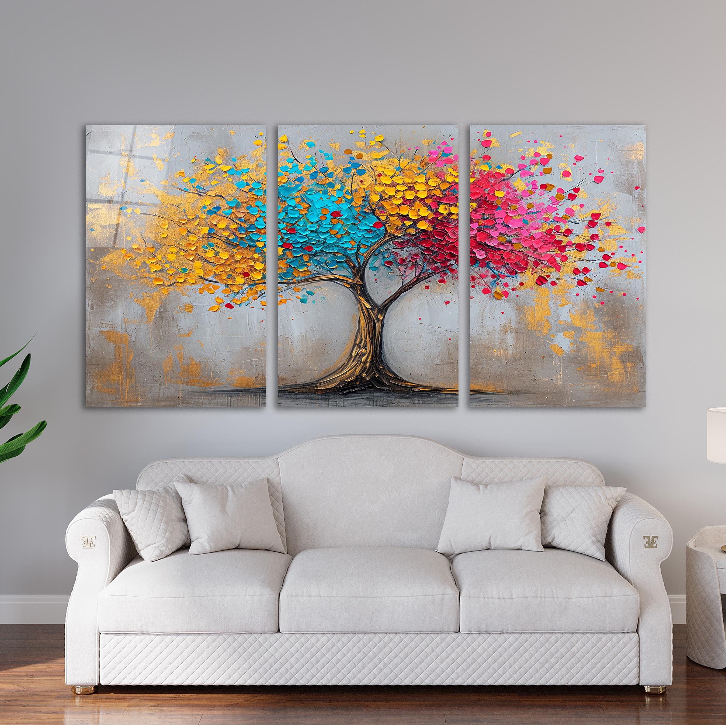 Triple Tree of Life Glass Wall Art, Colorful Tempered Glass Decor ...