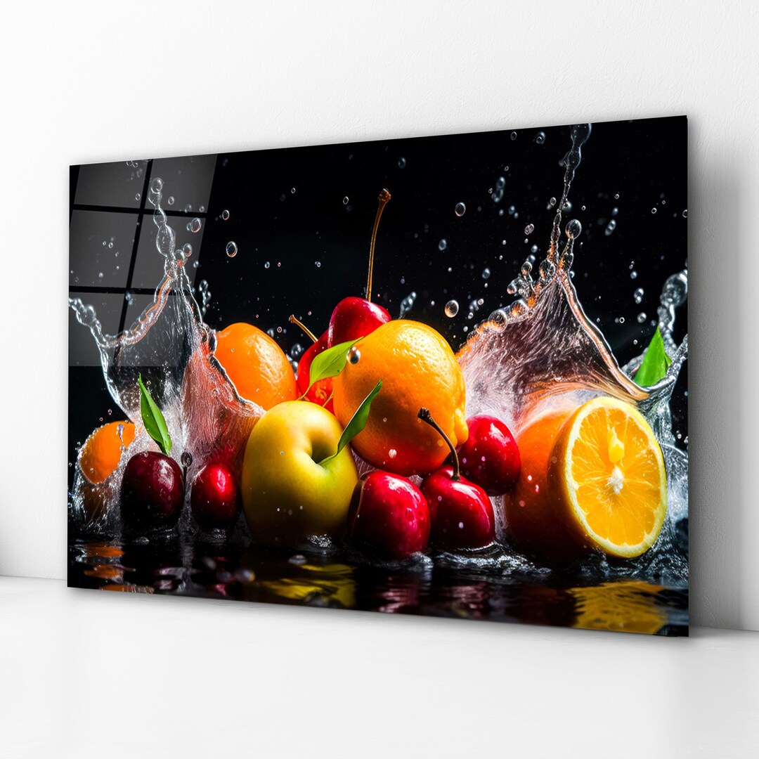 Fruits Splash Glass Wall Art, Kitchen Tempered Glass Backsplash Decor ...