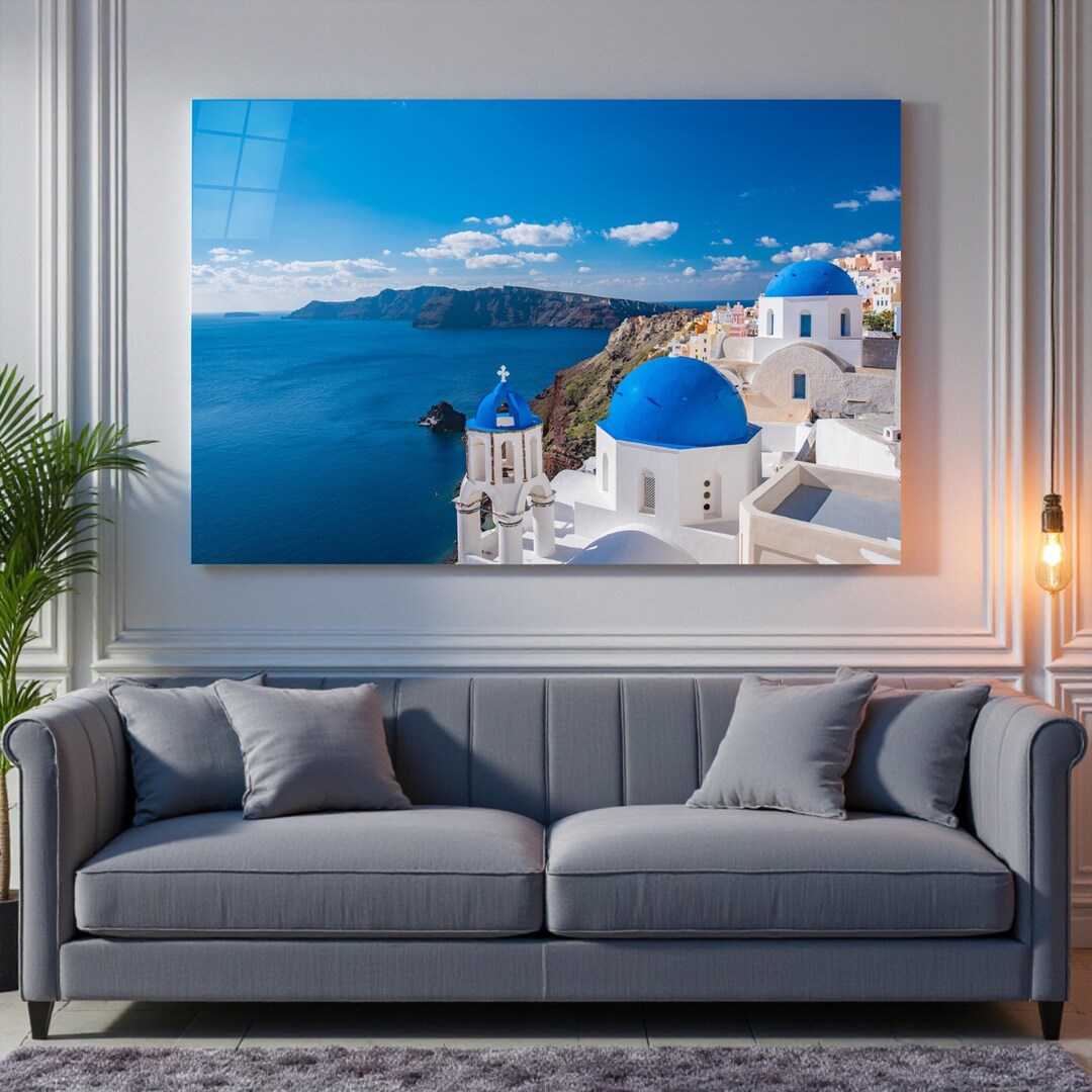 Santorini Greece Glass Wall Art, Greek Island Tempered Glass Wall Decor ...