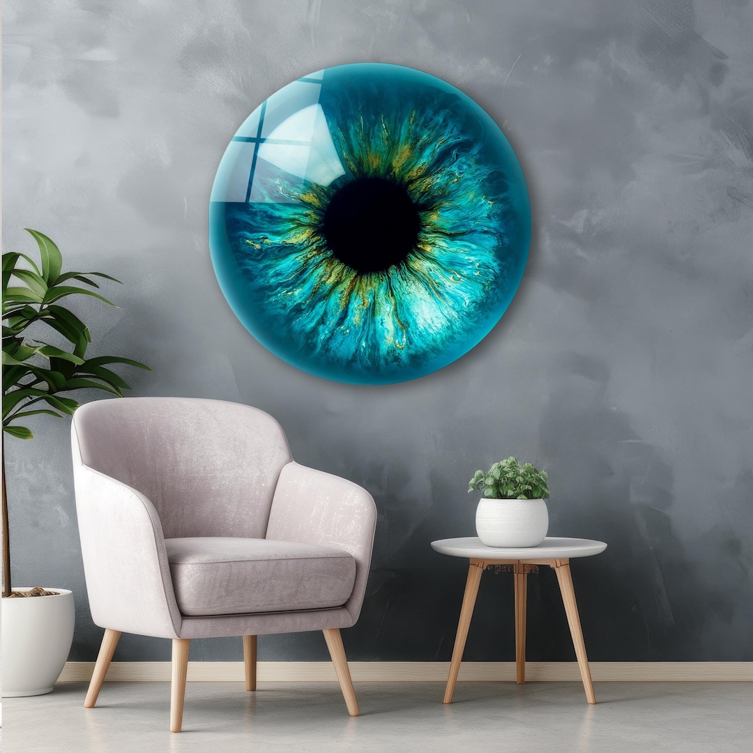Round Tempered Glass Decor, Blue Eye Glass Art, Iris Wall Decor, Unique ...