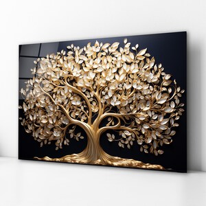 Gold Tree of Life Glass Wall Art, Elegant Golden Tree Tempered Glass ...