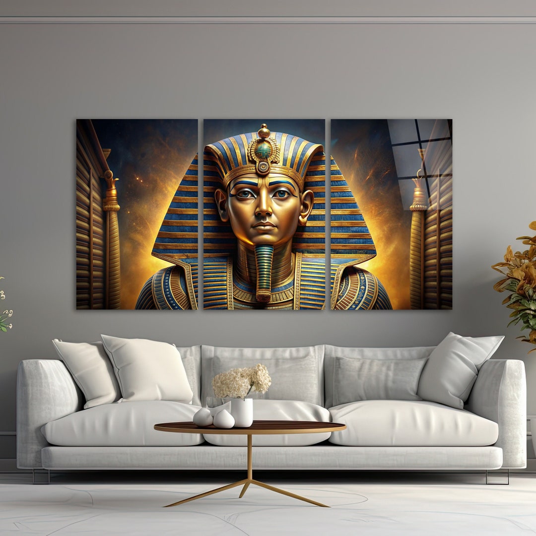 Triple King Tutankhamun Glass Wall Art, Egyptian King Tut Tempered ...