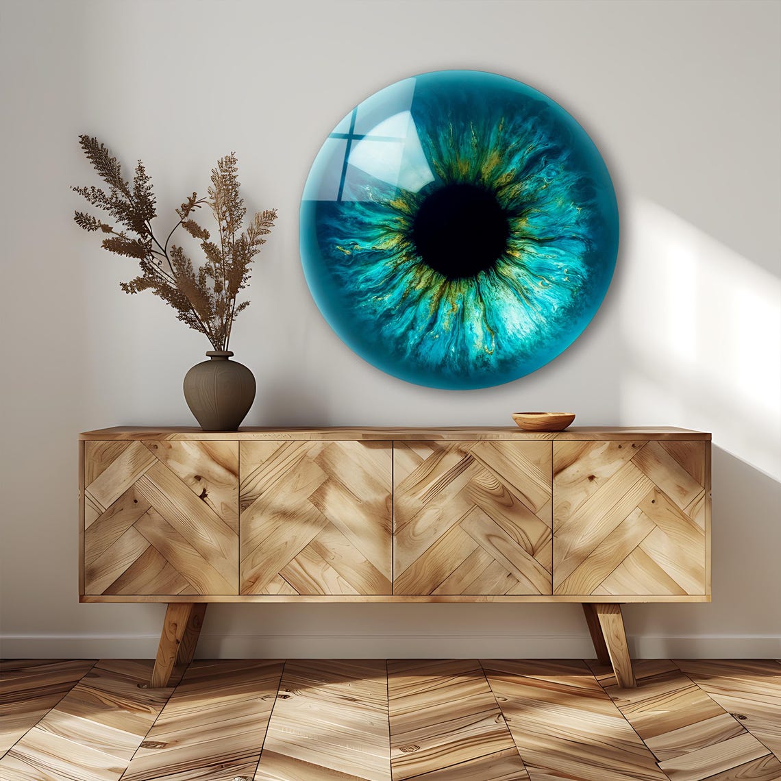 Round Tempered Glass Decor, Blue Eye Glass Art, Iris Wall Decor, Unique ...