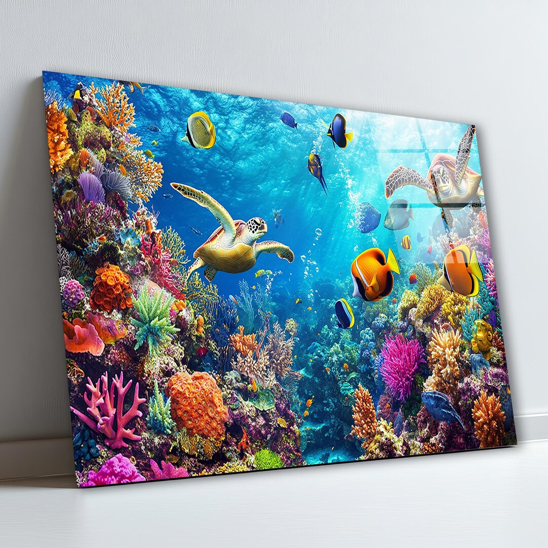 Colorful Fish & Sea Turtles Glass Wall Art, Aquarium Tempered Glass ...