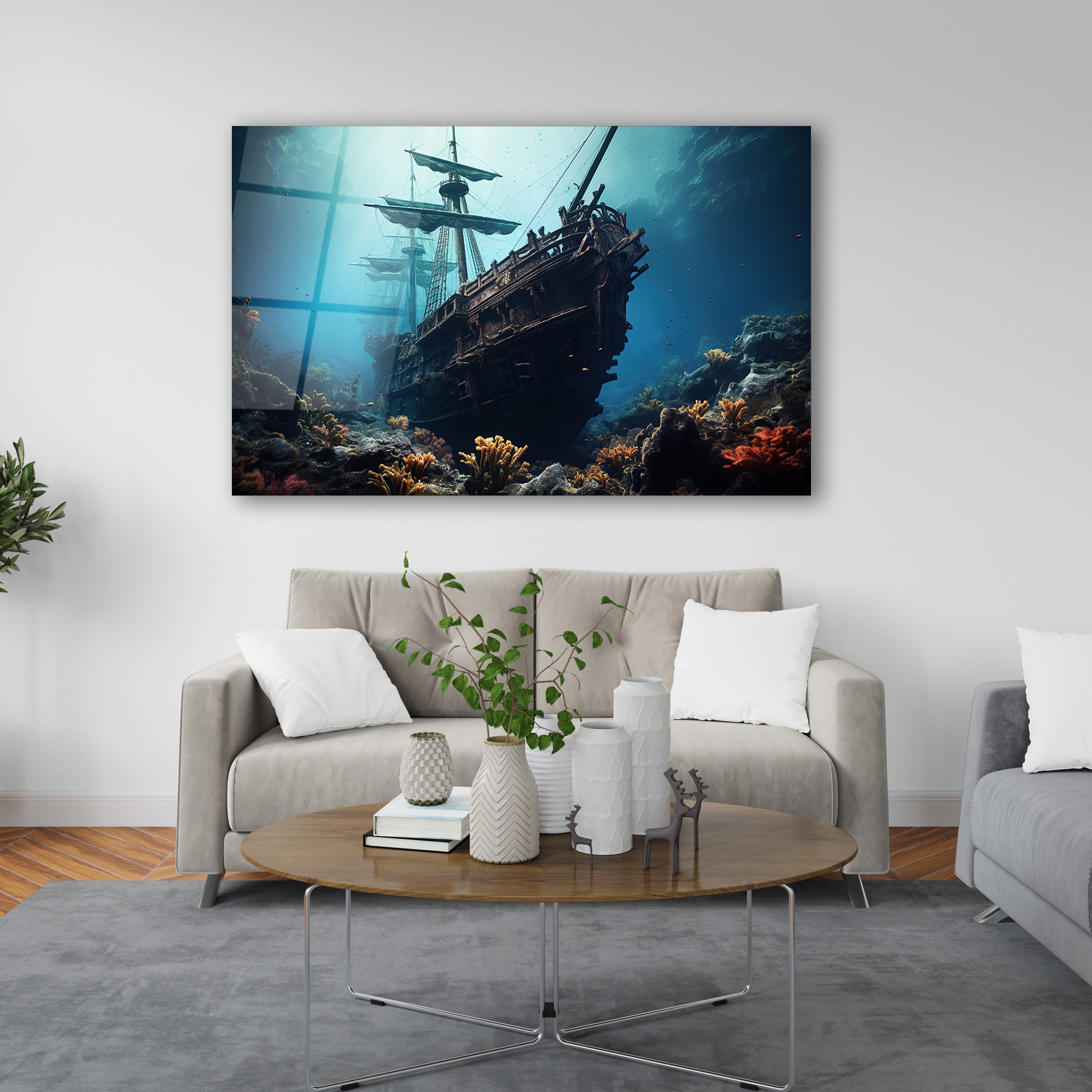 Shipwreck Glass Wall Art, Sunken Ship Tempered Glass Wall Decor, Extra ...