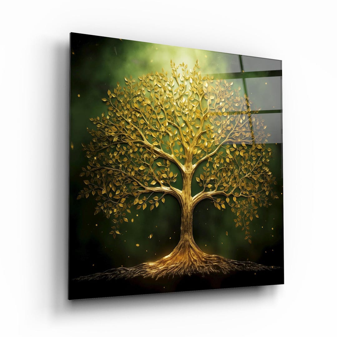 Tree of Life Glass Wall Art, Golden Tree Tempered Glass Decor, Living ...
