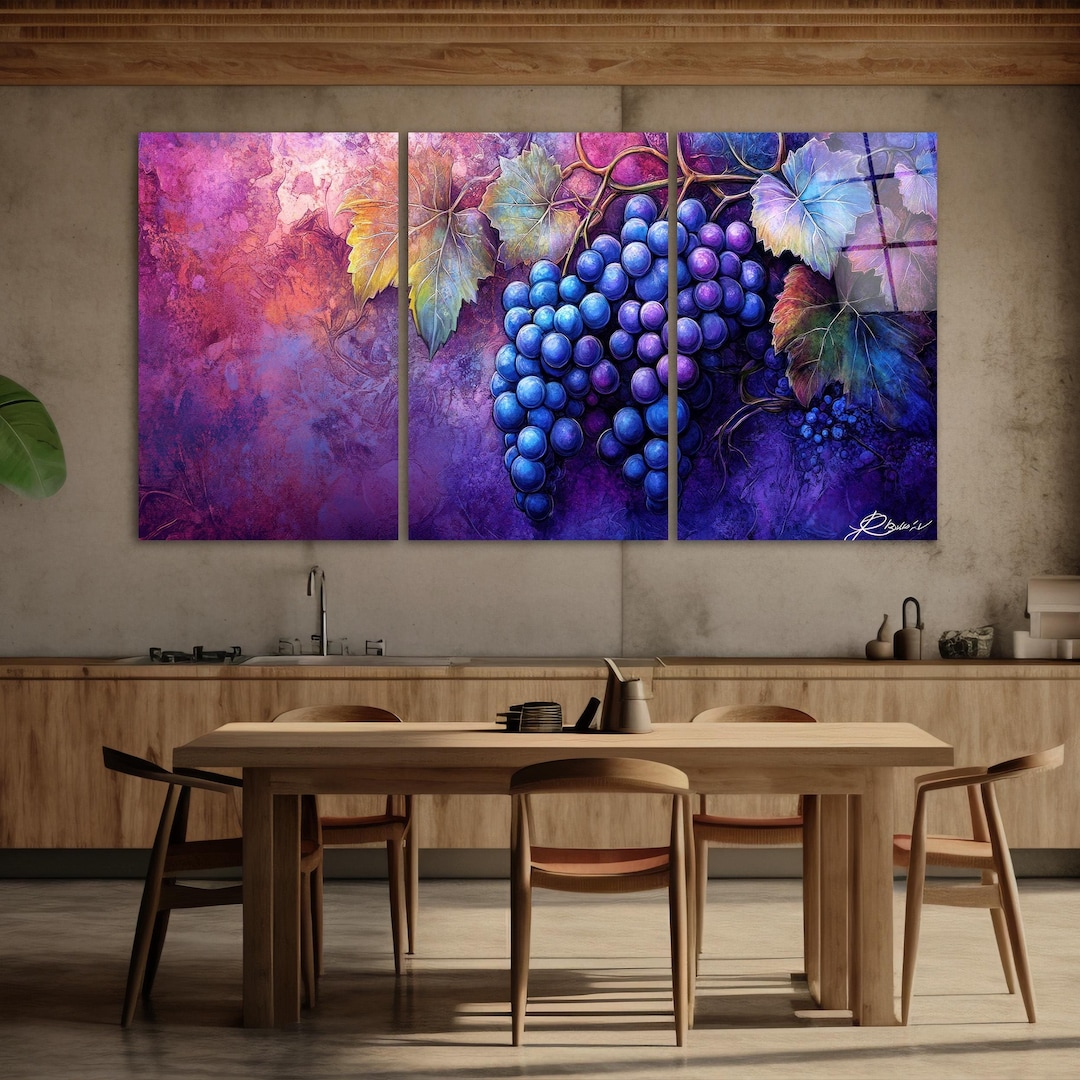 Triple Purple Grapes Wall Art, Tempered Glass Grape Wall Decor, Kitchen ...
