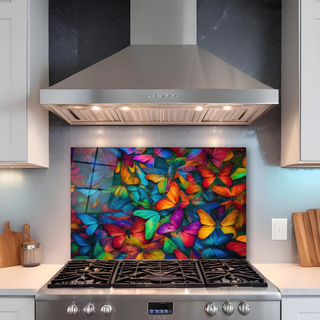 Colorful Tempered Glass Backsplash, Butterflies Stove Backsplash ...