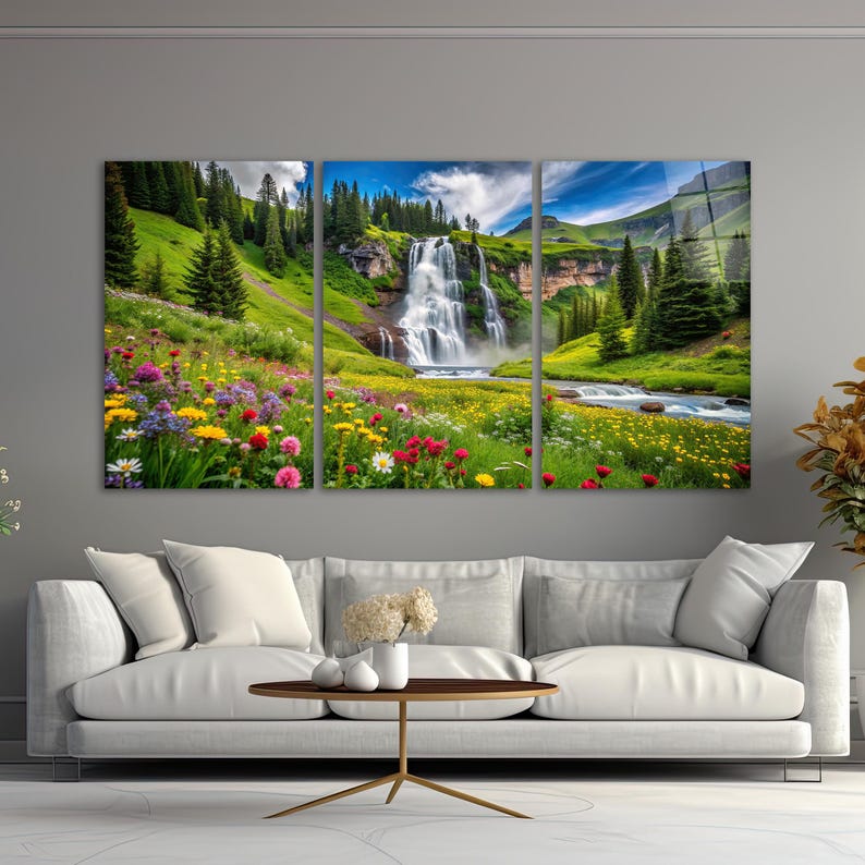 Triple Waterfall & River Landscape Glass Wall Art, 3-panel Nature Wall ...