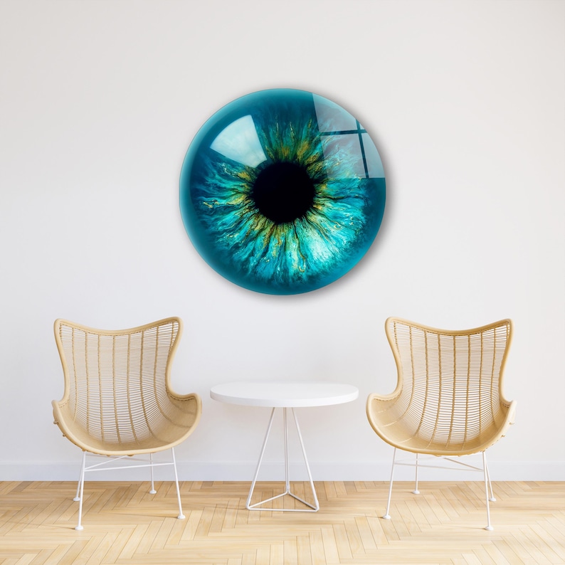 Round Tempered Glass Decor, Blue Eye Glass Art, Iris Wall Decor, Unique ...