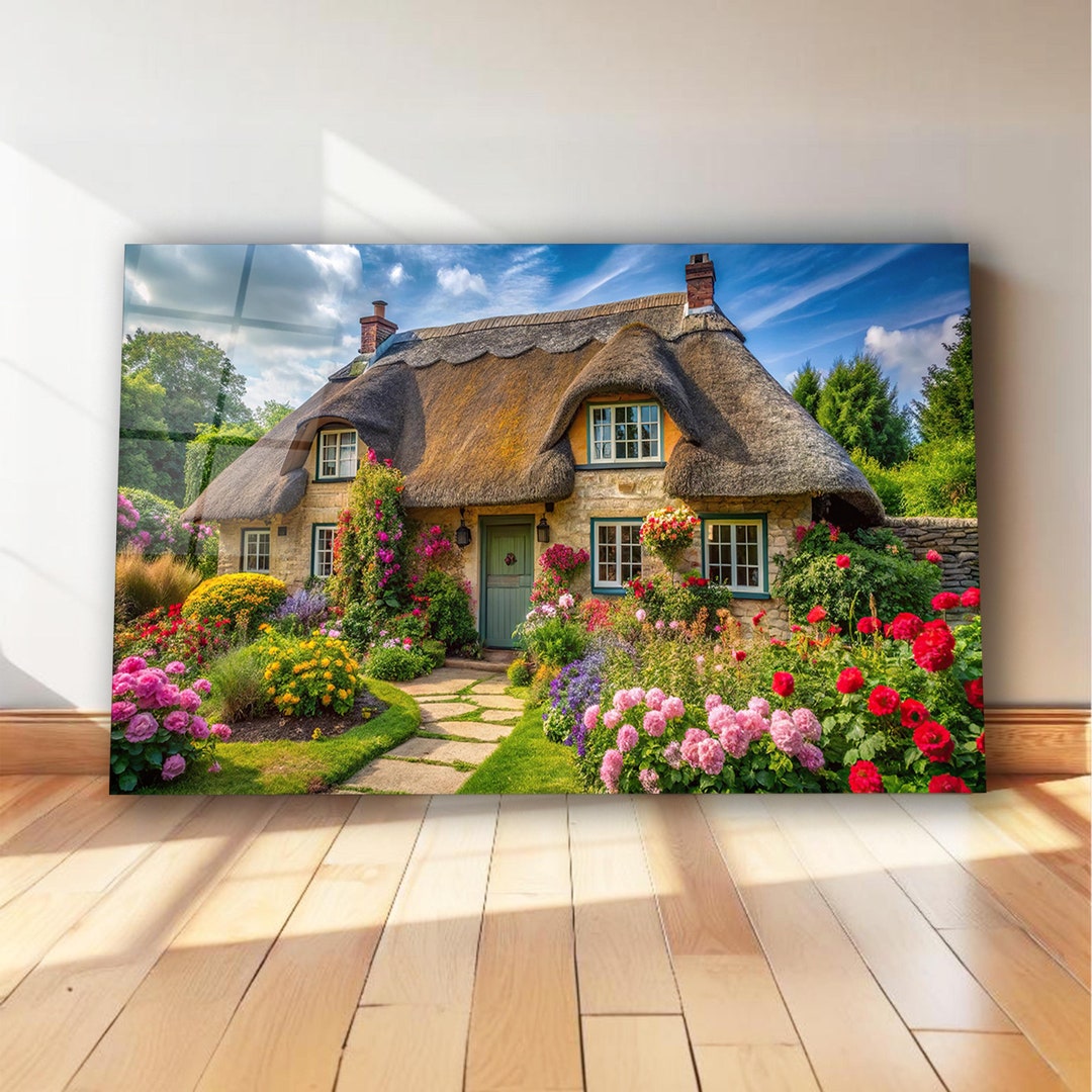 Quaint Cotswolds Cottage Glass Wall Art, English Countryside Glass ...
