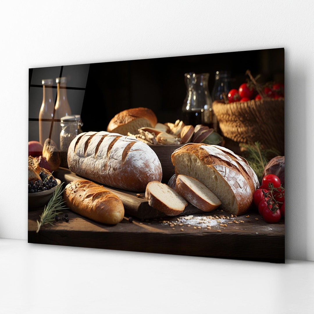 Rustic Bread Tomato Kitchen Glass Wall Art, Tempered Glass Backsplash ...
