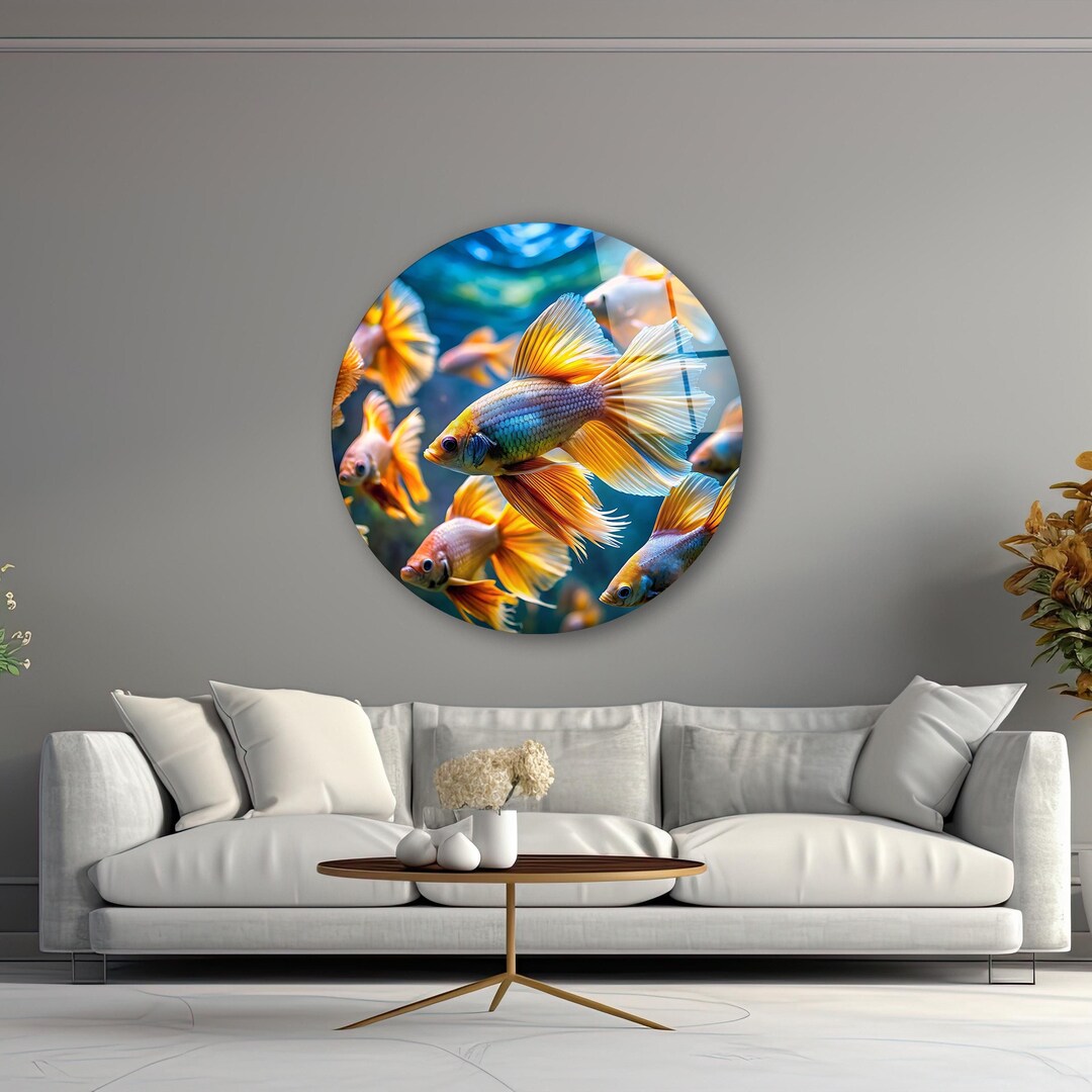 Round Goldfish Glass Wall Art, Circle Aquarium Tempered Glass Decor ...