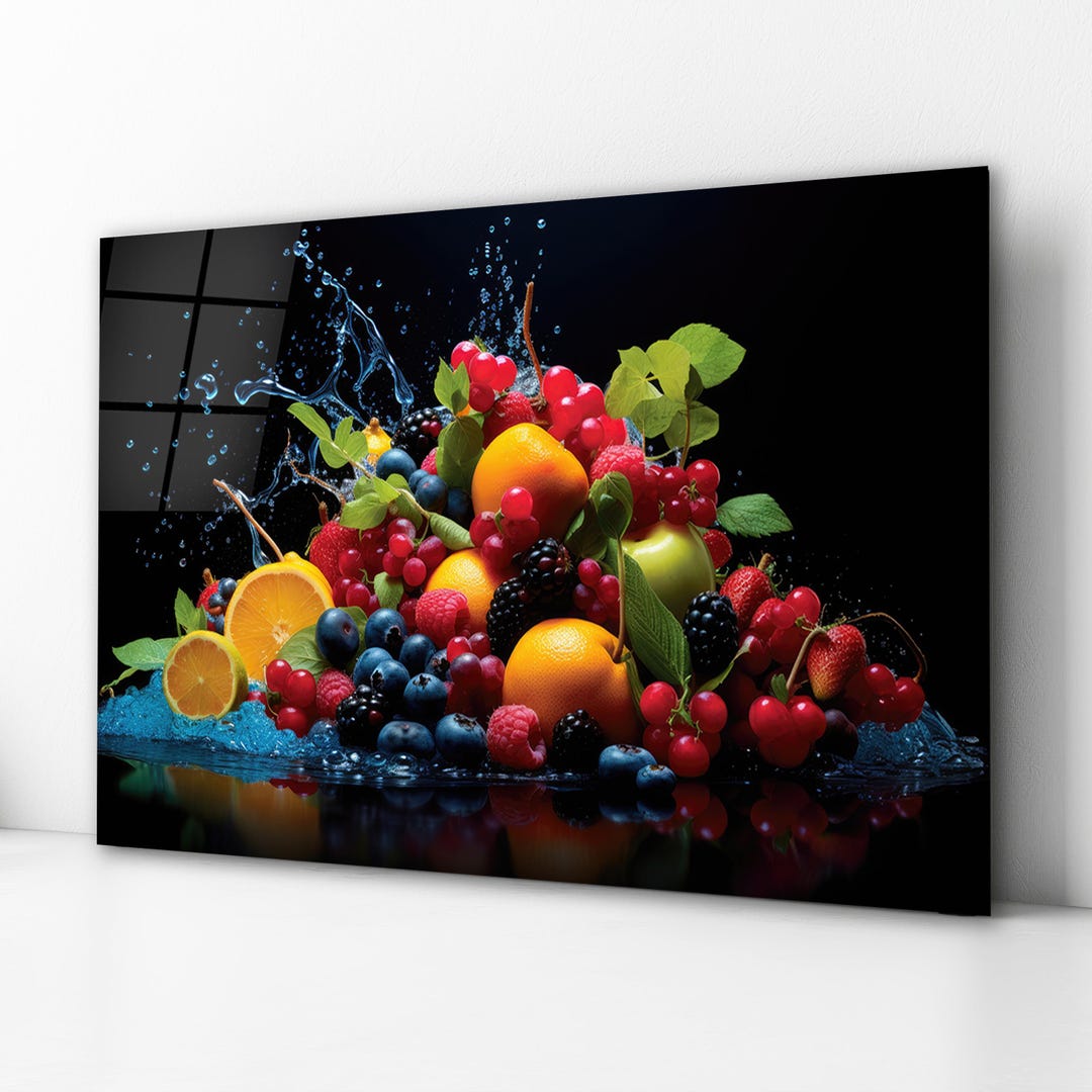 Vibrant Fruits Tempered Glass Wall Art, Fruits Backsplash Kitchen Panel ...