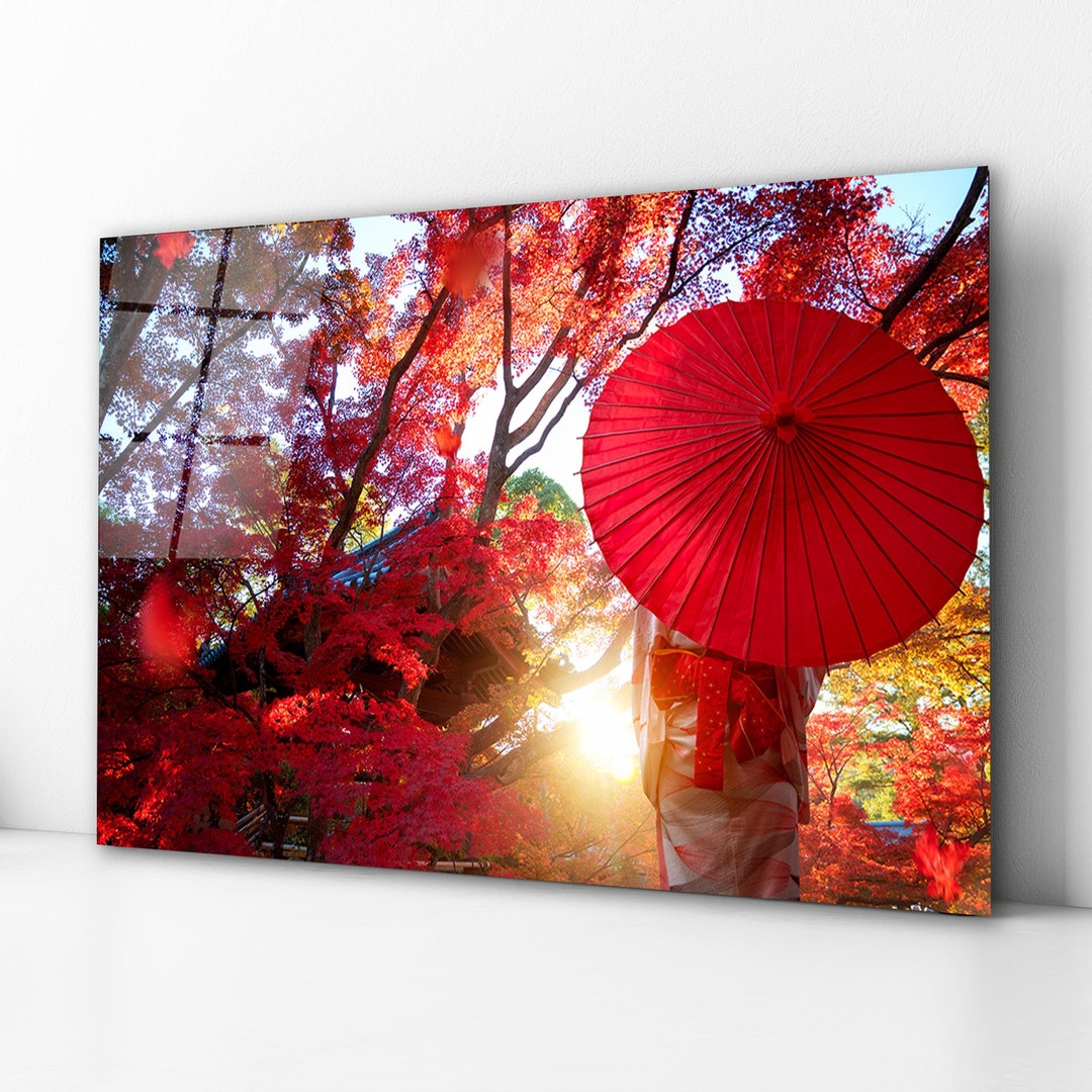 Japanese Girl in Kimono Holding Wagasa Glass Wall Art, Fall in Kyoto ...