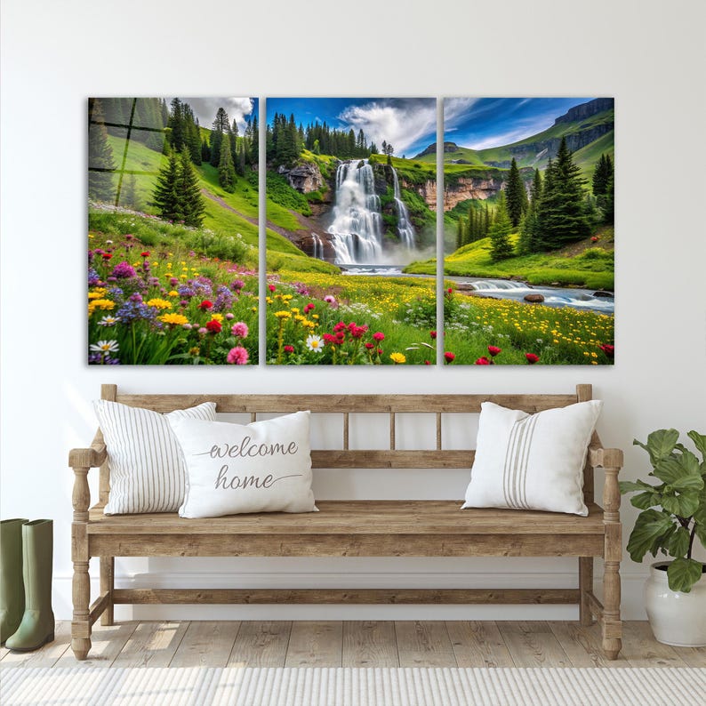 Triple Waterfall & River Landscape Glass Wall Art, 3-panel Nature Wall ...
