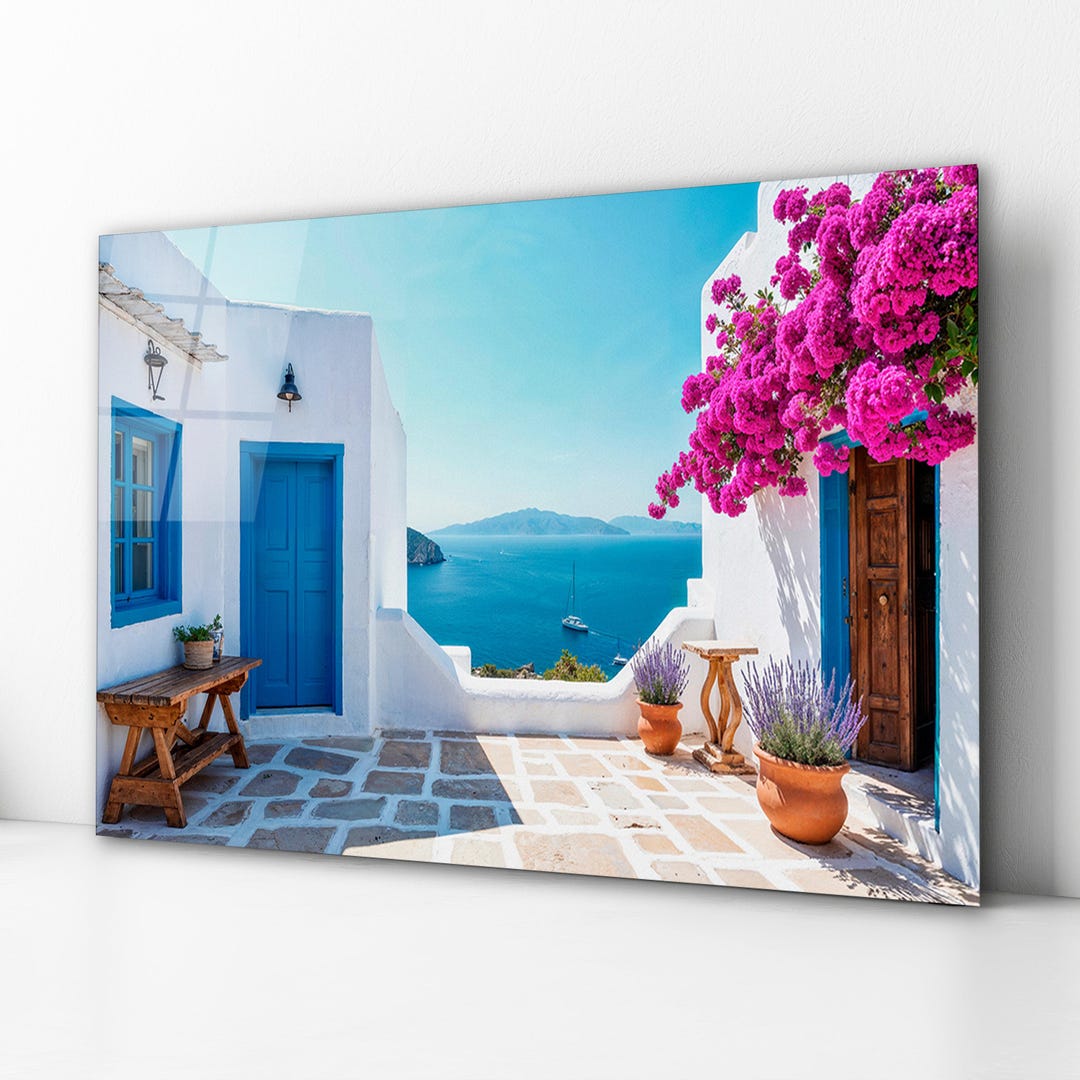 Santorini Greece Glass Wall Art, Greek Island Summer Tempered Glass ...