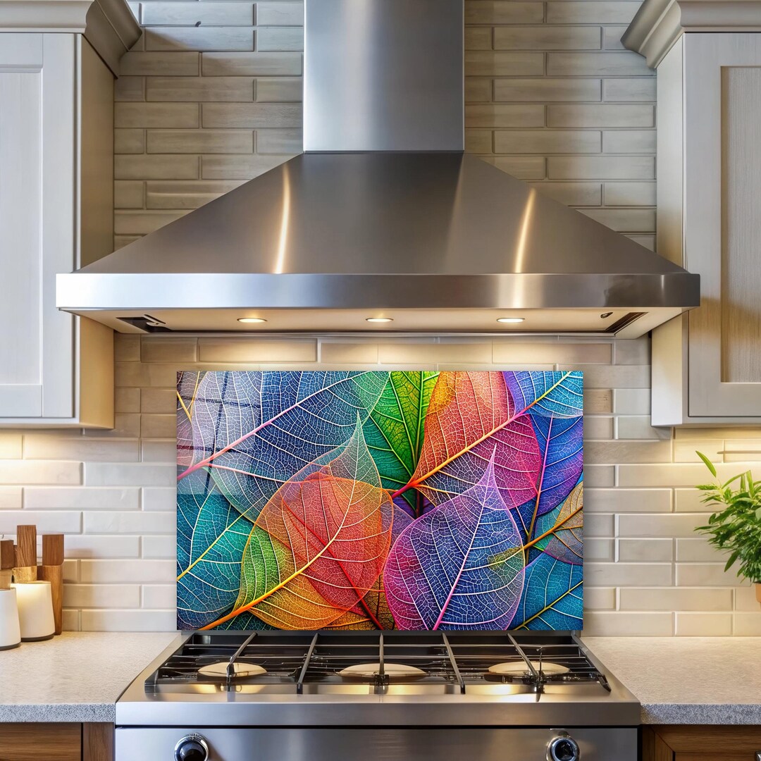 Colorful Leaves Tempered Glass Backsplash, Stove Backsplash, Kitchen ...