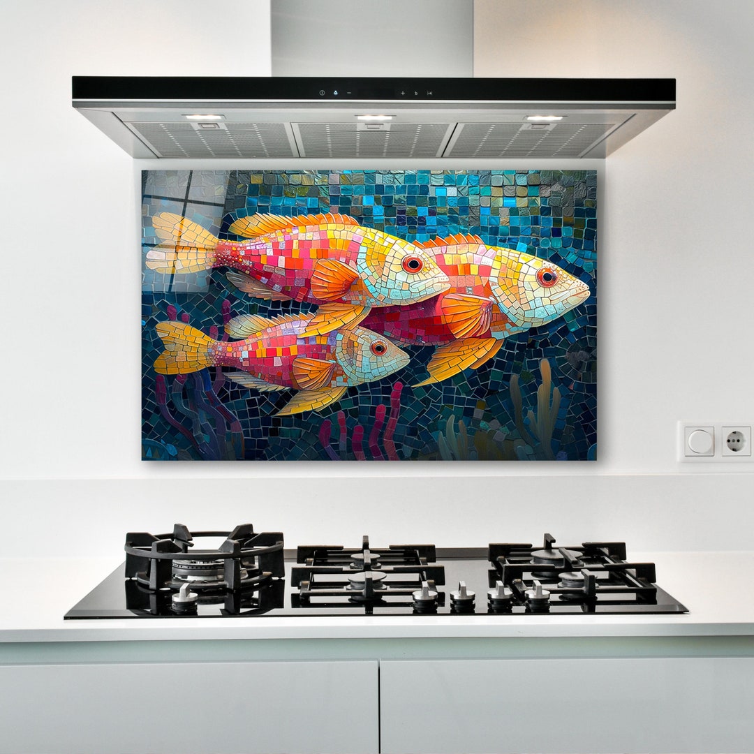 Mosaic Fish Tempered Glass Backsplash, Stove Backsplash, Kitchen ...