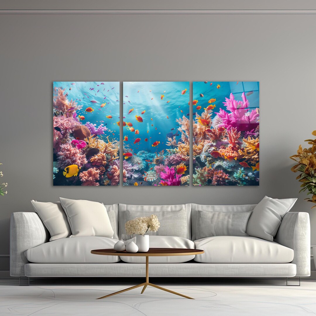 Triptych Fish & Coral Reef Wall Decor, Tempered Glass Triple Underwater ...