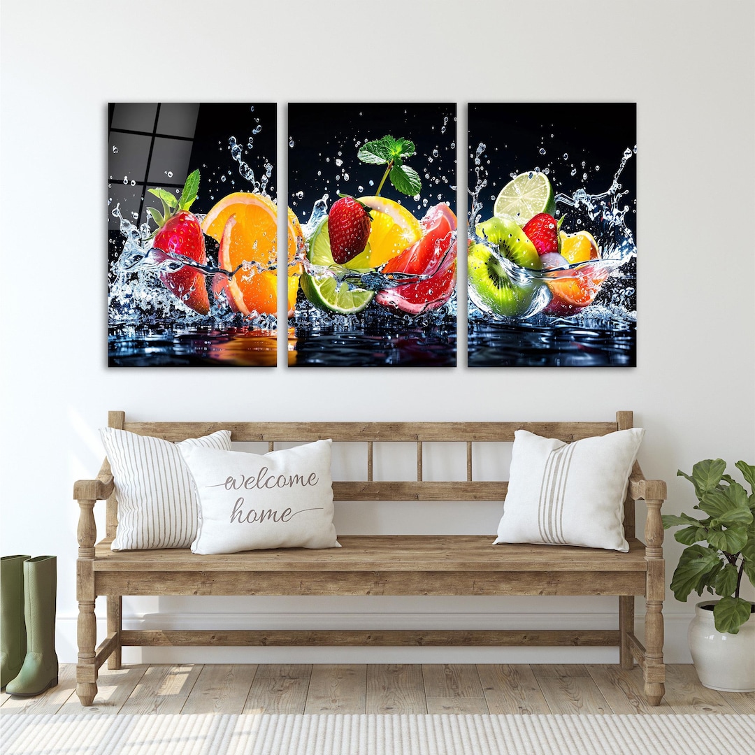 Triple Fruits Glass Wall Art, Fruits Backsplash Tempered Glass Decor ...