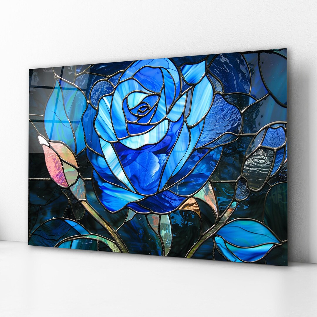 Tempered Glass Blue Rose Backsplash, Stained Glass Splashback, Behind ...