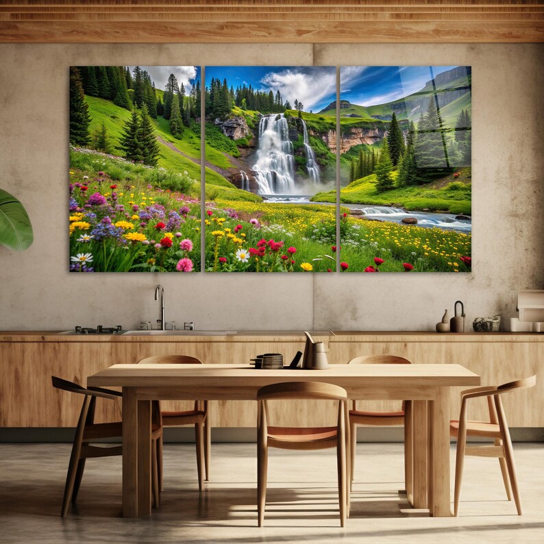Triple Waterfall & River Landscape Glass Wall Art, 3-panel Nature Wall ...