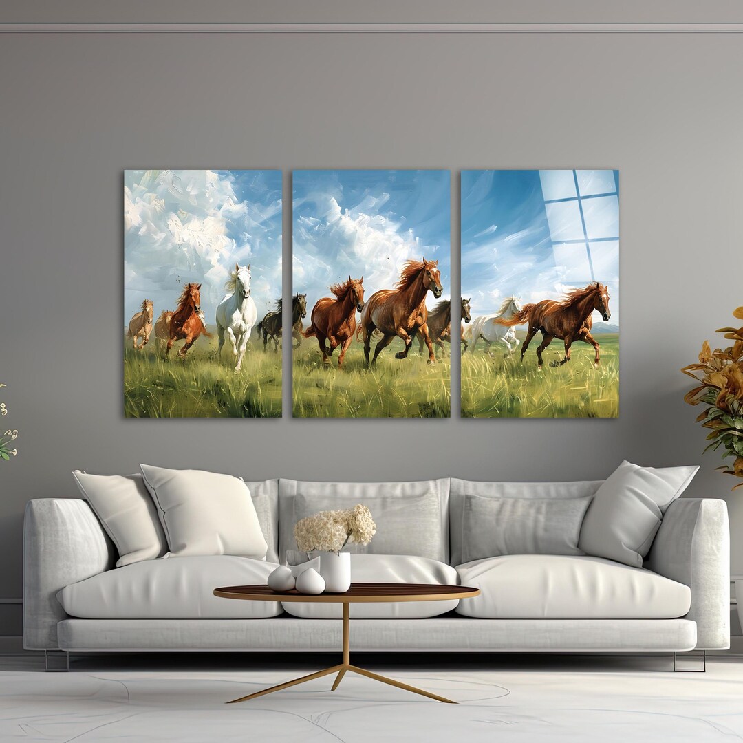 Dreifach laufende Pferde Wandkunst aus gehärtetem Glas, Luxus Wandkunst, Wohnzimmer Kunst, Büro ...