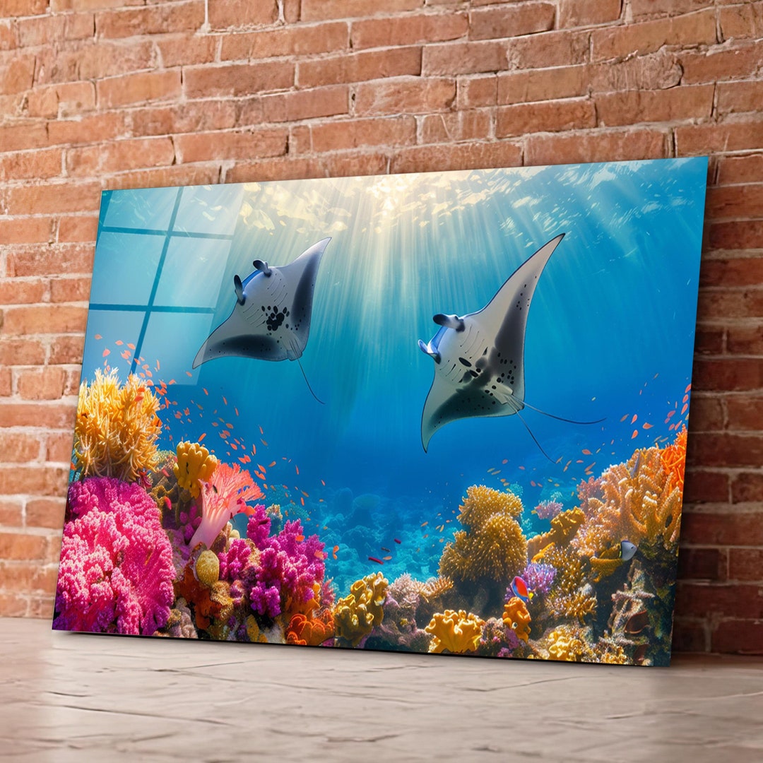 Mantis Ray Marine Glass Wall Art, Aquarium Coral Reef Tempered Glass ...