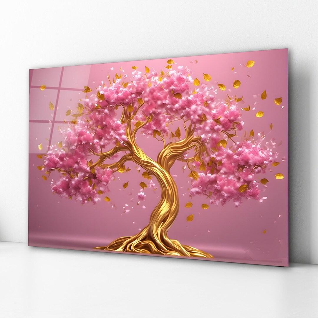 Golden Tree With Pink Flowers Glass Wall Art, Tree of Life Tempered ...